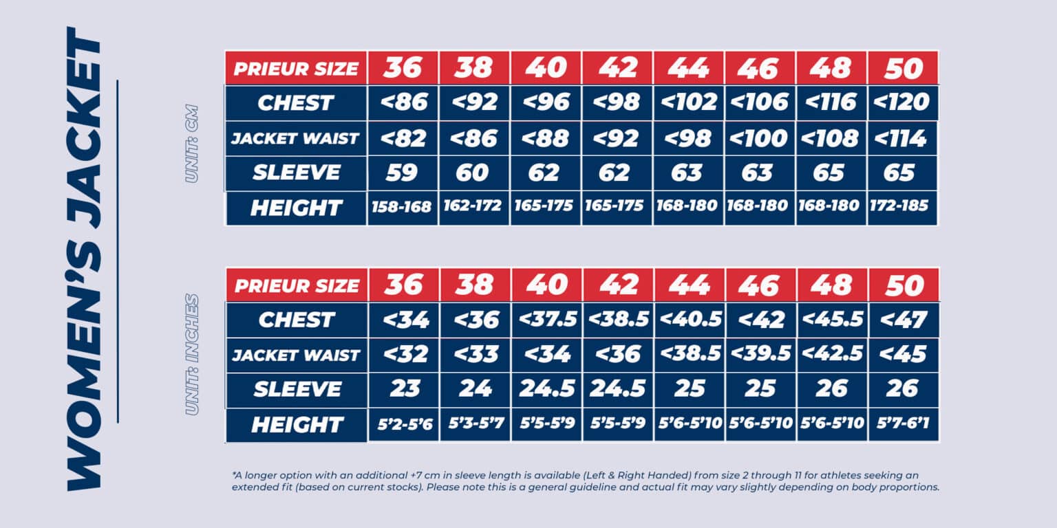 Prieur's Size Guide for Fencing Gloves, Masks, Jackets and Pants